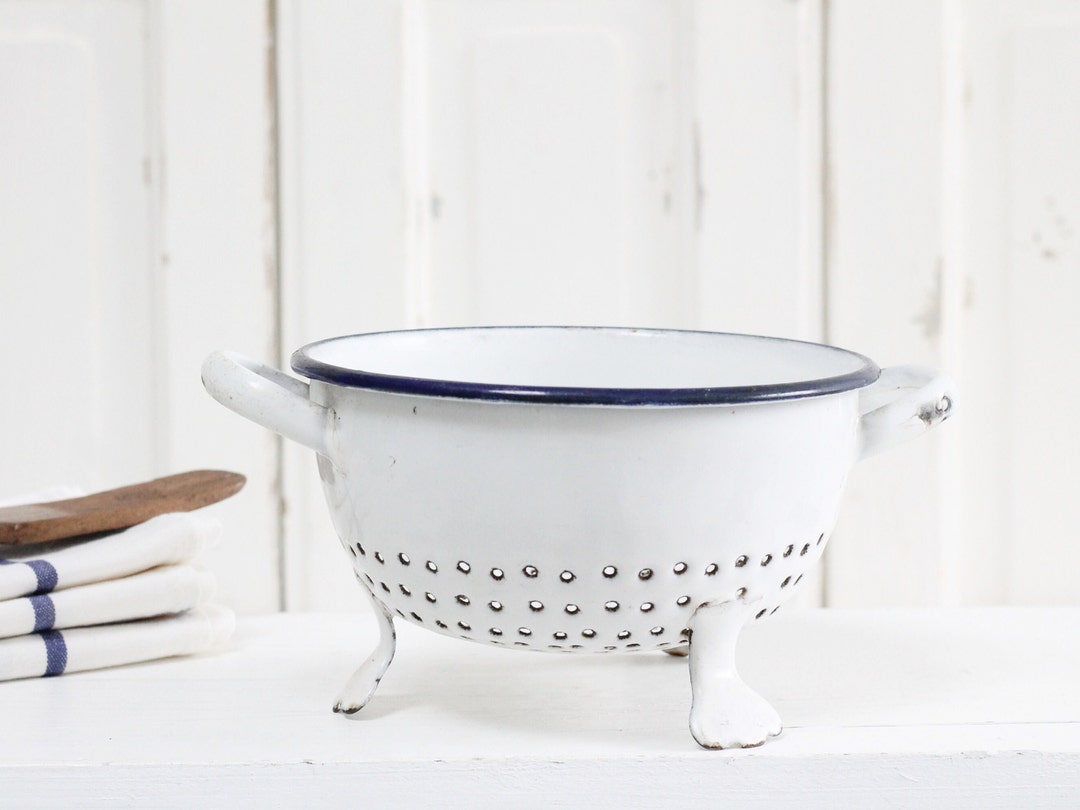 Vintage White Enamel Small Fruit Colander With Handles on Little Feet ...