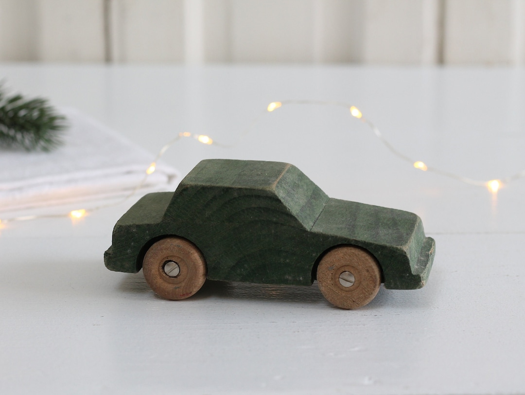 Vintage Green Wooden Car, Retro Toy Car From Wood, Old Faded Teal Blue ...