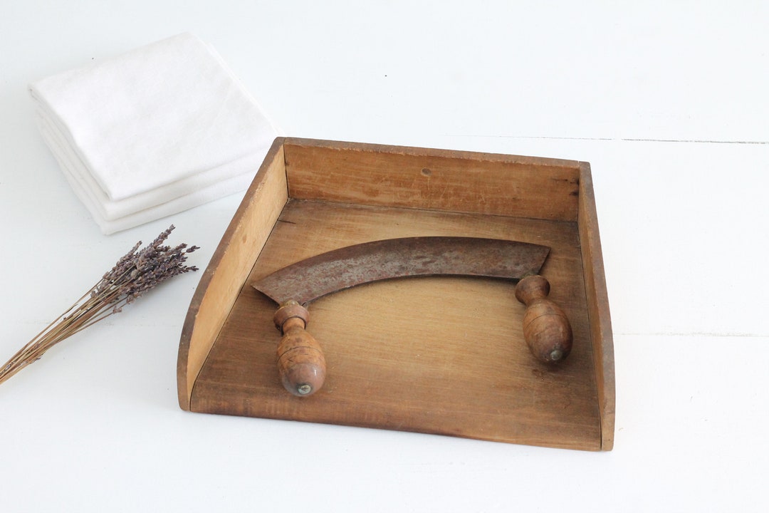 Antique Wooden Herb Cutting Board & Mezzaluna Rocking Knife, Primitive ...