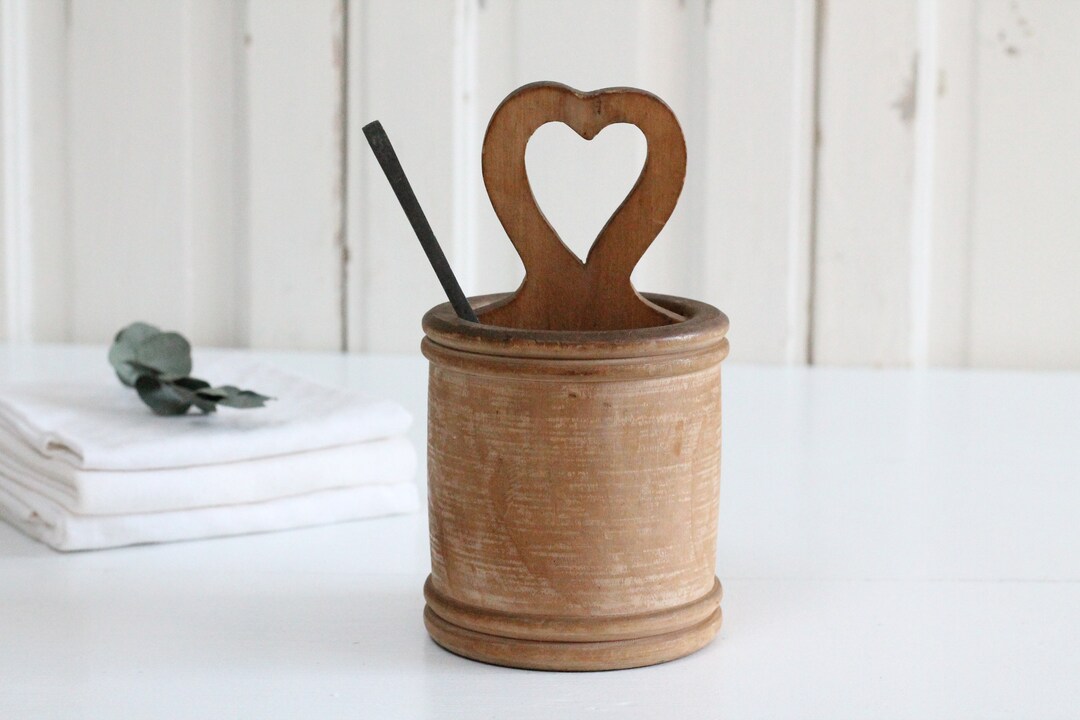 Vintage Scandinavian Wooden Canister, Primitive Heart Design Cutlery ...