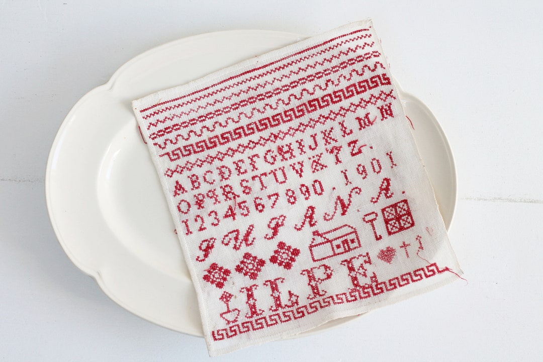 Antique 1901 Dutch Victorian Redwork Sampler, Art Nouveau Alphabet ...