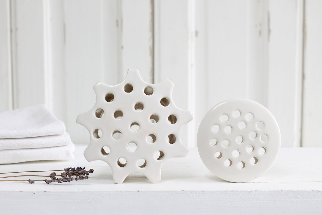 Vintage White Ceramic Flower Frog, Stoneware Flower Bowl to Insert in Vase, French Farmhouse ...