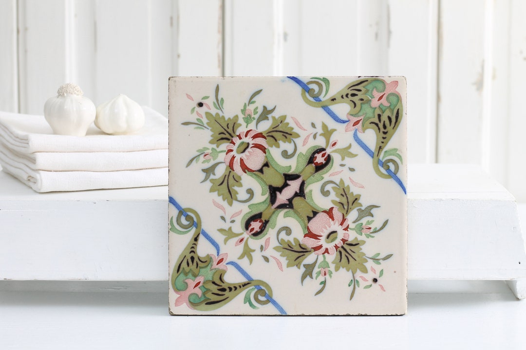 Antique XL Art Nouveau Ceramic Tile Trivet With French Floral Design ...