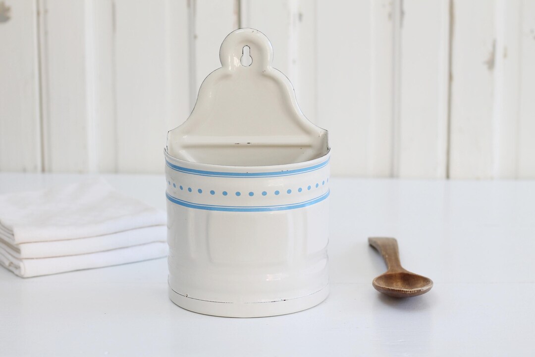 Vintage Enamel Storage Box With Baby Blue Trim, Enamel Salt Box ...
