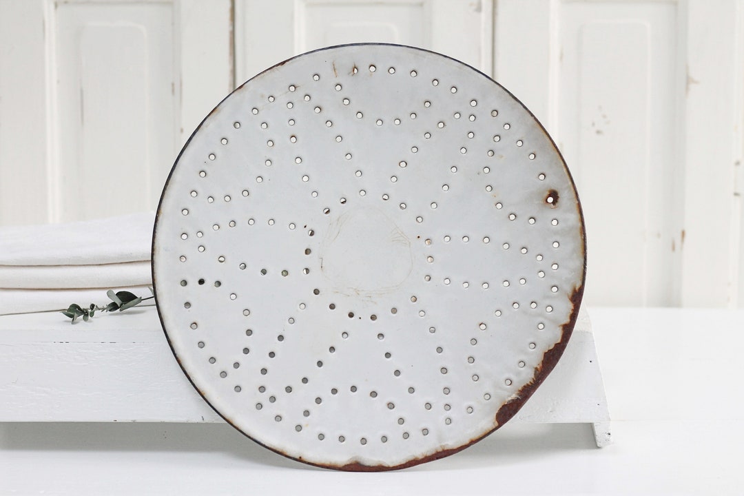 Antique White Enamel Drain Platter, Enameled Cake Stand, Draining Plate ...