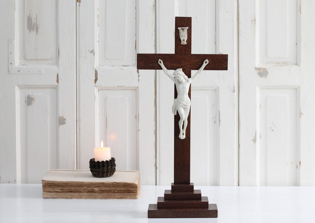 Antique XL Wooden Table Crucifix With White Bisque Porcelain Jesus ...