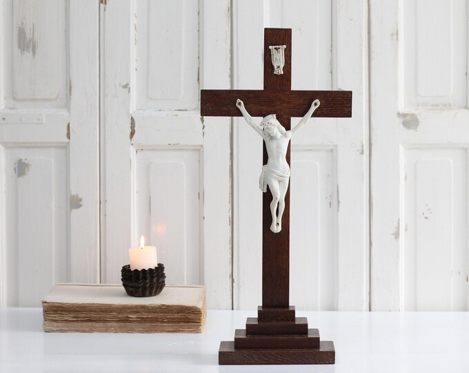 Antique XL Wooden Table Crucifix With White Bisque Porcelain Jesus ...