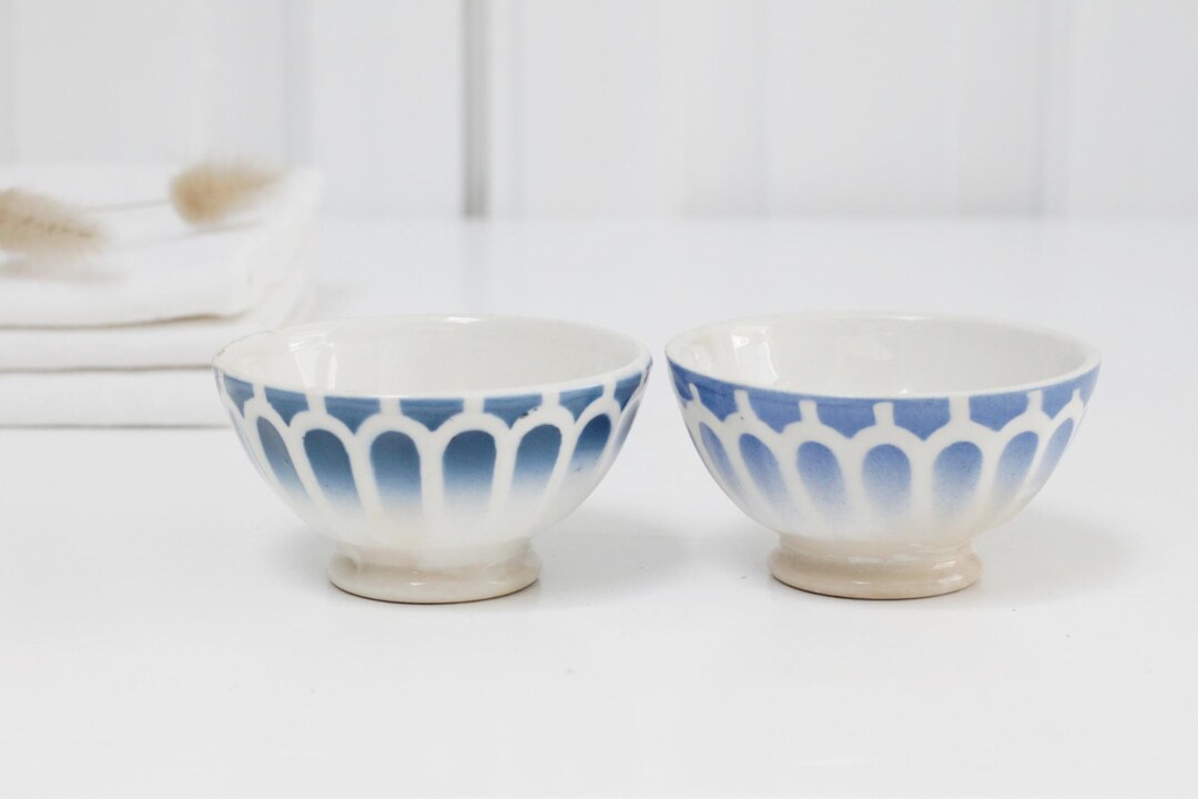 Set of 2 Small Vintage French Ironstone Finger Bowls With Blue Stencil ...