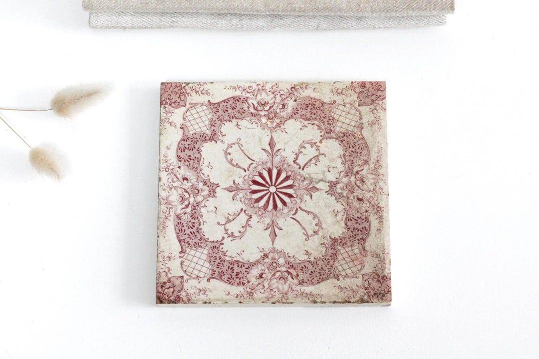 Antique Dutch Ceramic Tile Trivet With Cranberry Red Floral and ...