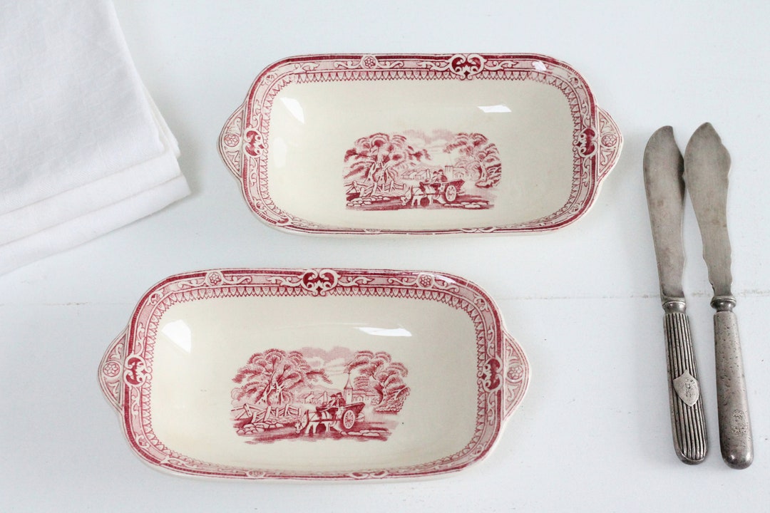 Antique Ironstone Red Transferware Landscape Dishes, Rectangular ...