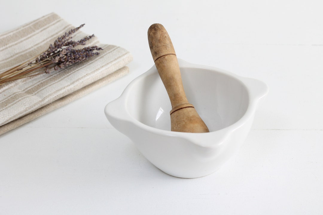 Vintage French White Porcelain Kitchen Mortar and Wooden Pestle, Mortar ...