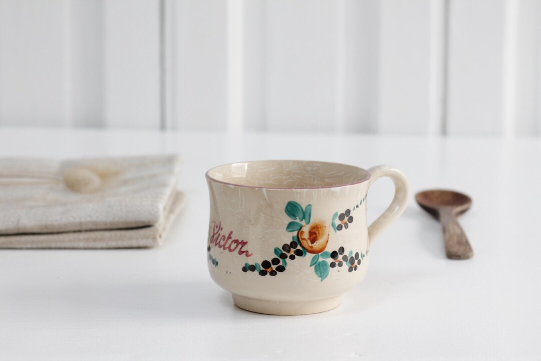 Antique French Stained Ironstone Cup With Floral Details and Name ...