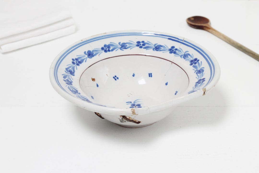 Antique 1800s French Blue Floral Majolica Barbers Shaving Bowl With ...