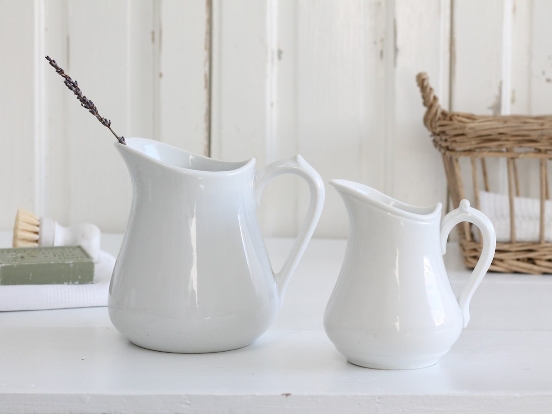 Vintage Small and Medium Sized White Porcelain Pitcher, Small Ceramic ...