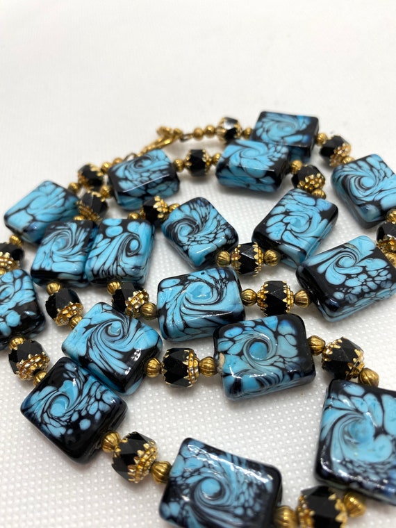 Vintage, Splatter Glass Square Bead Necklace, Blue & … - Gem