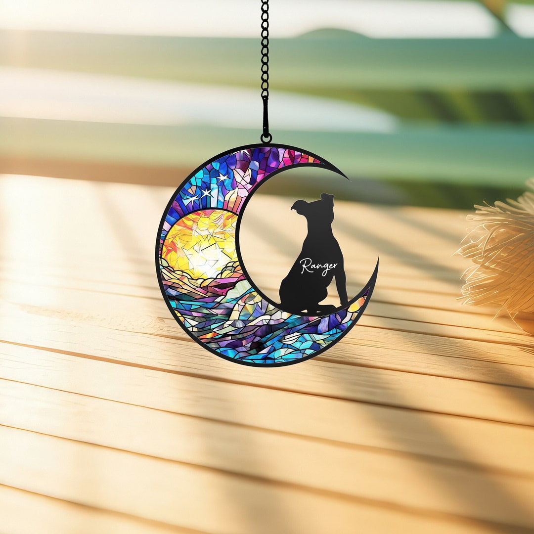 Personalized Dog on Moon Acrylic Windows Hangings, Custom Dog Name and ...