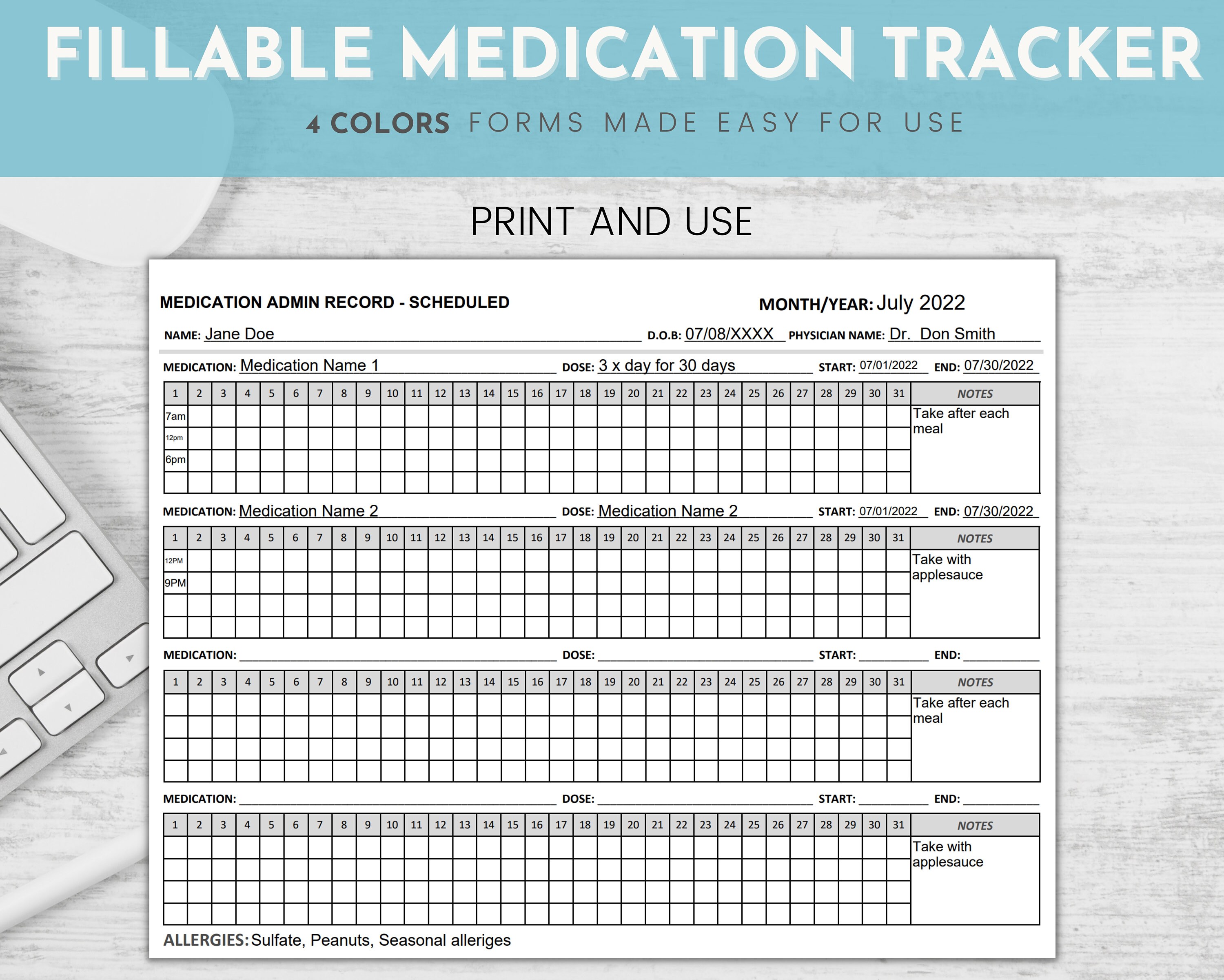 Fillable Medication Log, Medicine Organizer, Medication Tracker ...