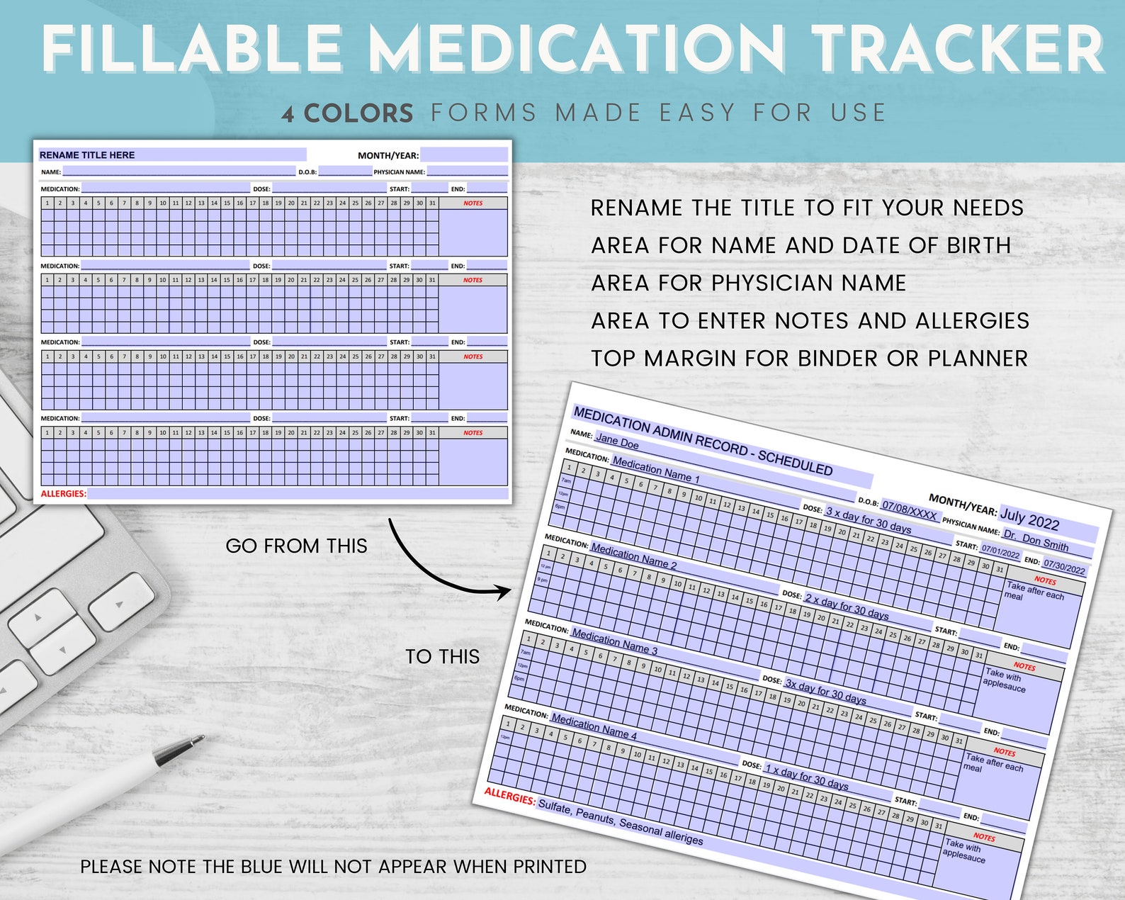 Fillable Medication Log, Medicine Organizer, Medication Tracker ...