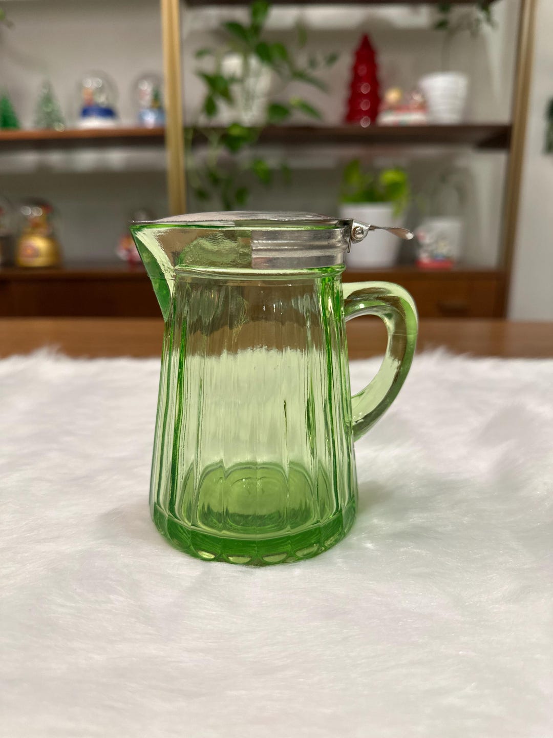 Vintage Green Vaseline Depression Glass Syrup Pitcher With Spring Lid ...