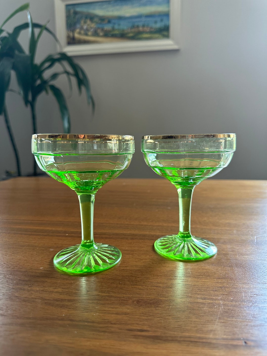 Vintage Anchor Hocking Block Optic Uranium Sundae Glass With Gold Trim ...