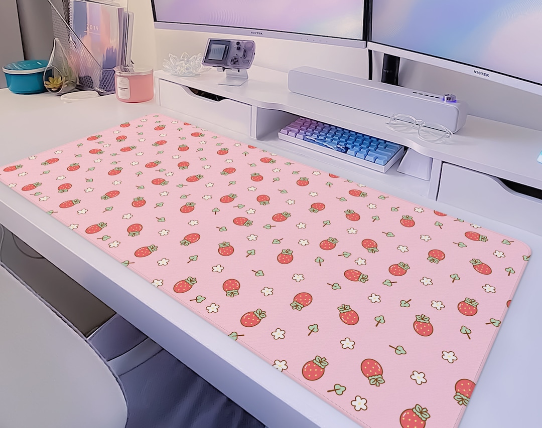 Kawaii Strawberry Deskmat, Cute Pastel Pink Gaming Mousepad, Anime ...