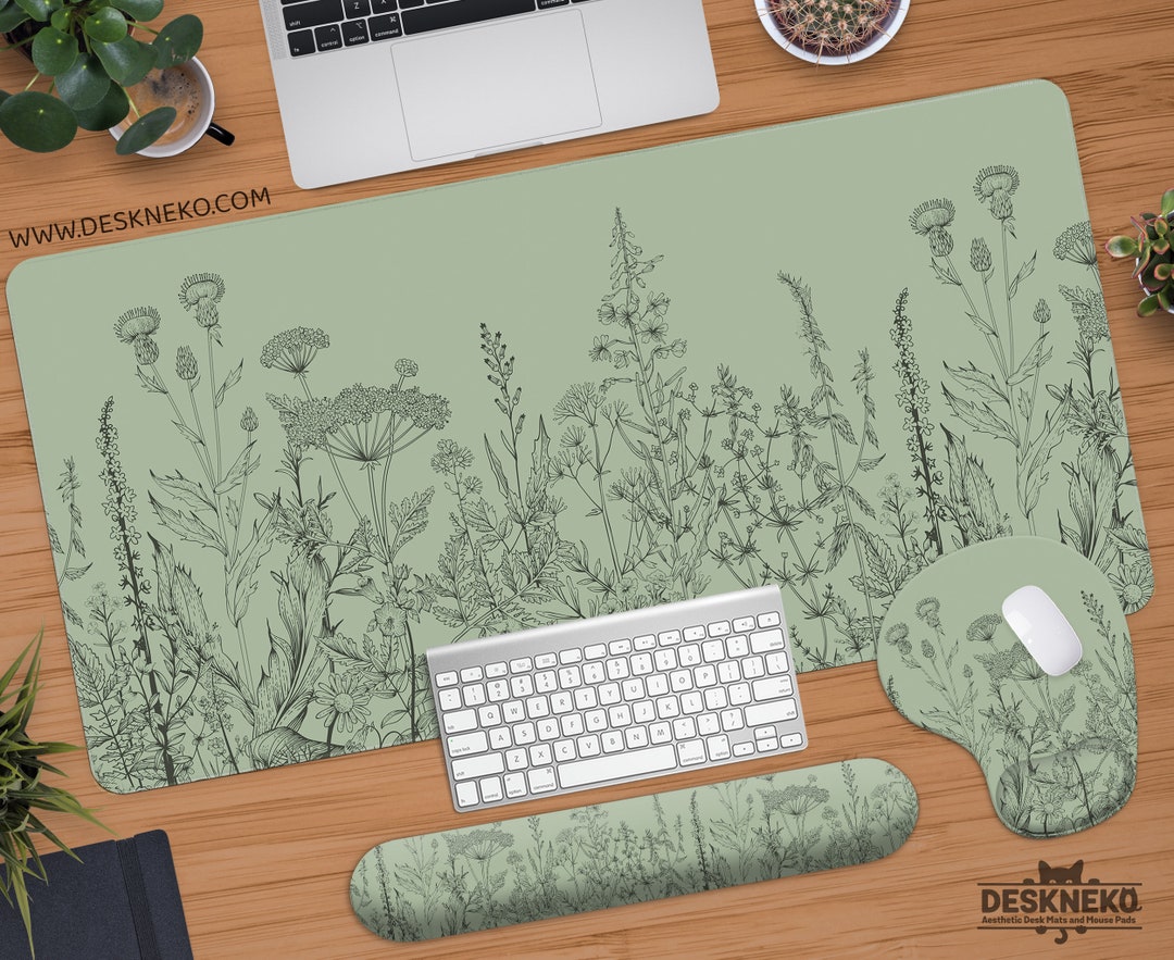 Sage Green Deskmat Flowers, Nature Mousepad Large, Boho Floral Desk Mat ...