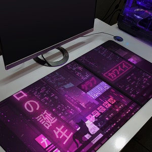 Tokyo Gaming Mouse Pad, Neon Japan Desk Mat Retro, Vaporwave Purple ...