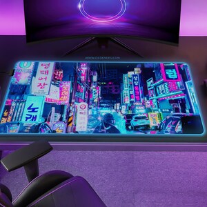 Neon Street Desk Mat, Cyan Gaming Mousepad, Japanese Vaporwave ...