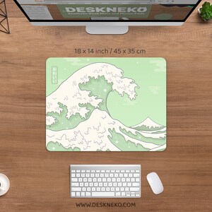 Matcha Green Mousepad Great Wave, Kawaii Desk Mat Japanese Ocean ...