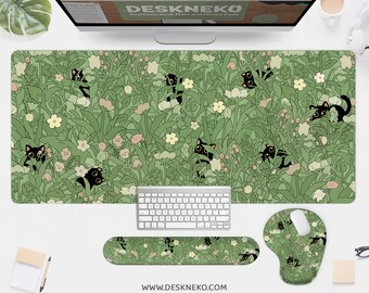 Cute Green Mousepad Aesthetic, Plants Desk Mat Kawaii, Lofi Black Cat ...