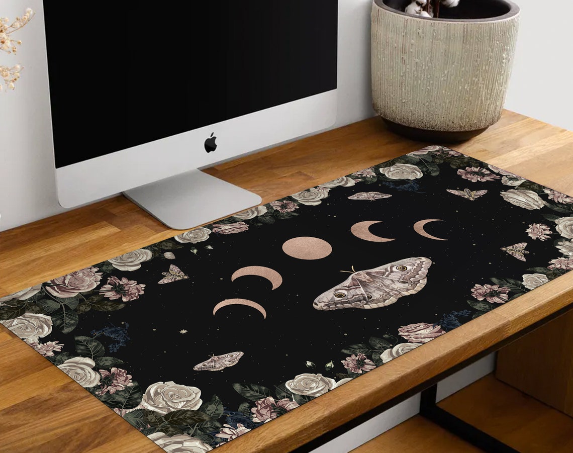 Moon Phases Desk Mat Black Cottagecore Pale White Roses and - Etsy