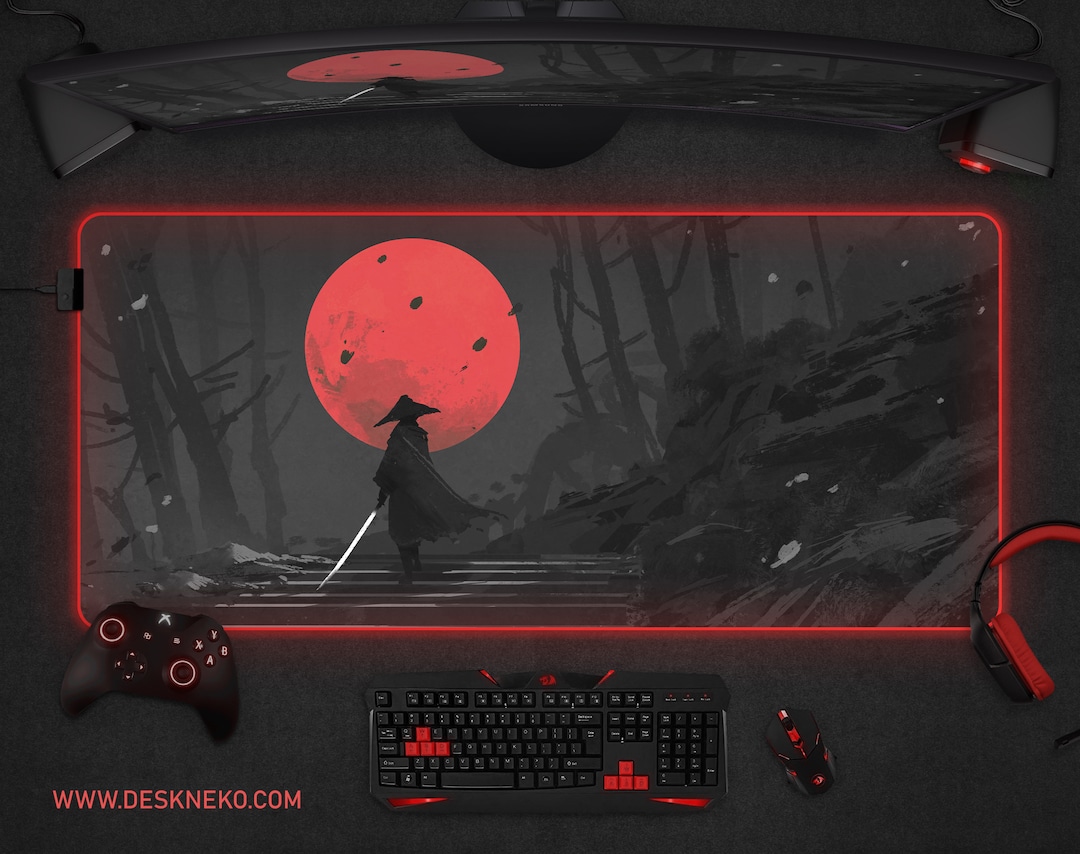 Red Moon Samurai Desk Mat Japanese Mousepad, LED RGB Gaming Deskpad ...