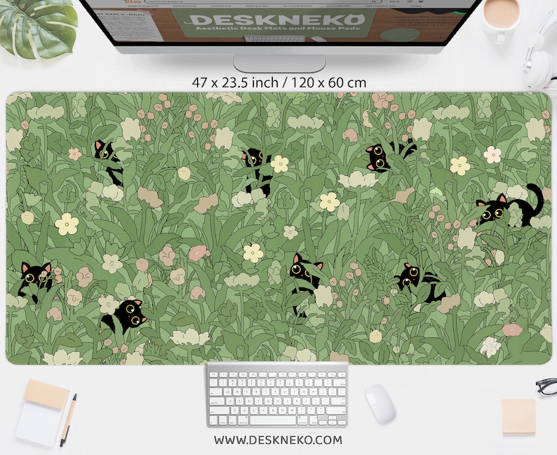 Green Desk Mat Cute Cats Deskmat Nature Mouse Pad Large - Etsy