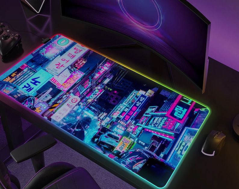 Cyberpunk Desk Mat LED RGB Gaming Mousepad Vaporwave, Neon Tokyo ...
