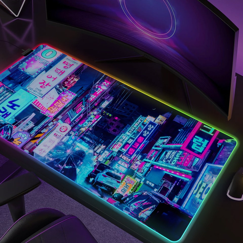 Cyberpunk Desk Mat LED RGB gaming mousepad vaporwave, neon tokyo ...