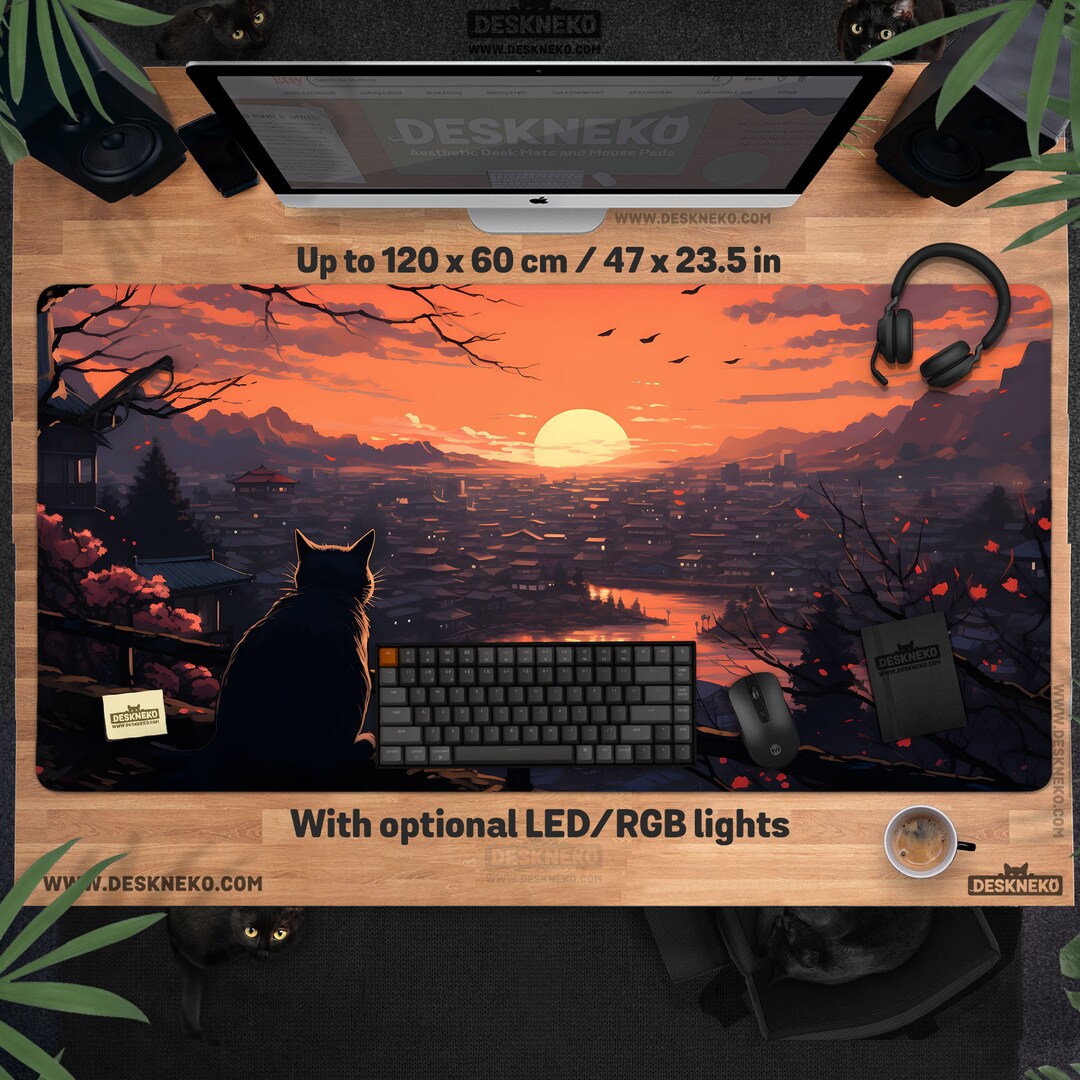 Lofi Sunset Desk Mat, Japanese Mouse Pad Cat, Large Gaming Mousepad Led ...