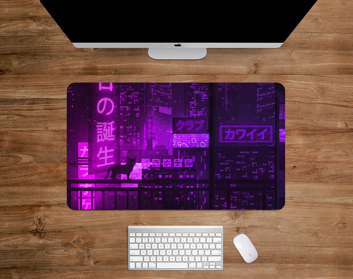 Neon Tokyo Desk Mat City Skyline Mousepad Purple Japanese - Etsy