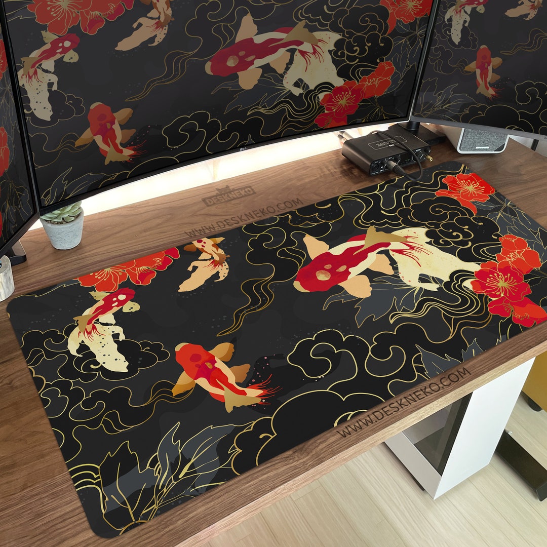 Japanese Desk Mat Koi, Large Mousepad, Black Gold Abstract Oriental Art ...
