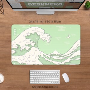 Matcha Green Mousepad Great Wave, Kawaii Desk Mat Japanese Ocean ...
