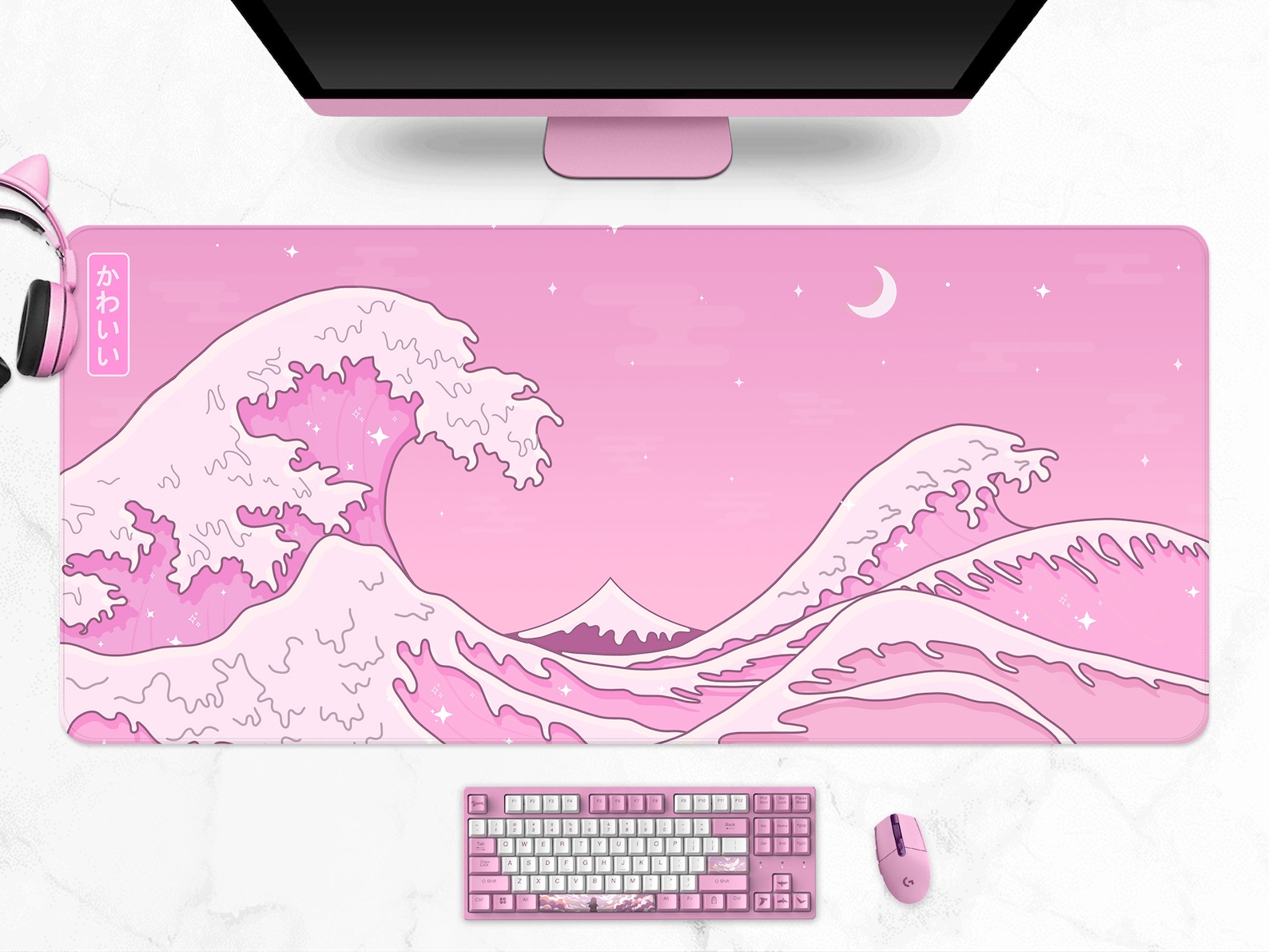 Kawaii Purple Desk Mat Cute Wave Pastel Pink Anime | Etsy