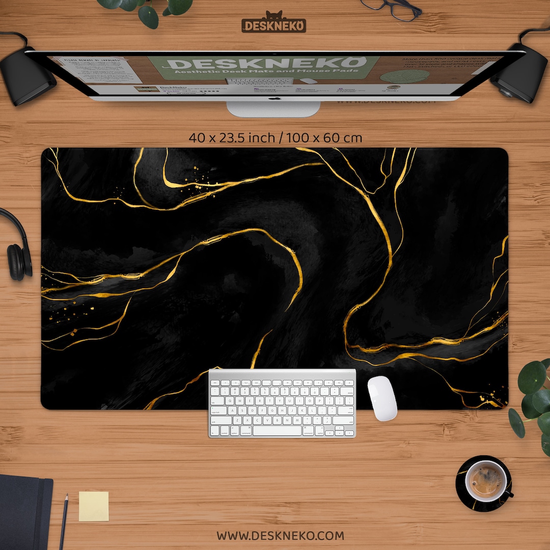 Black Gold Desk Mat, Marble Art Deskmat Xl, Japanese Kintsugi Abstract ...
