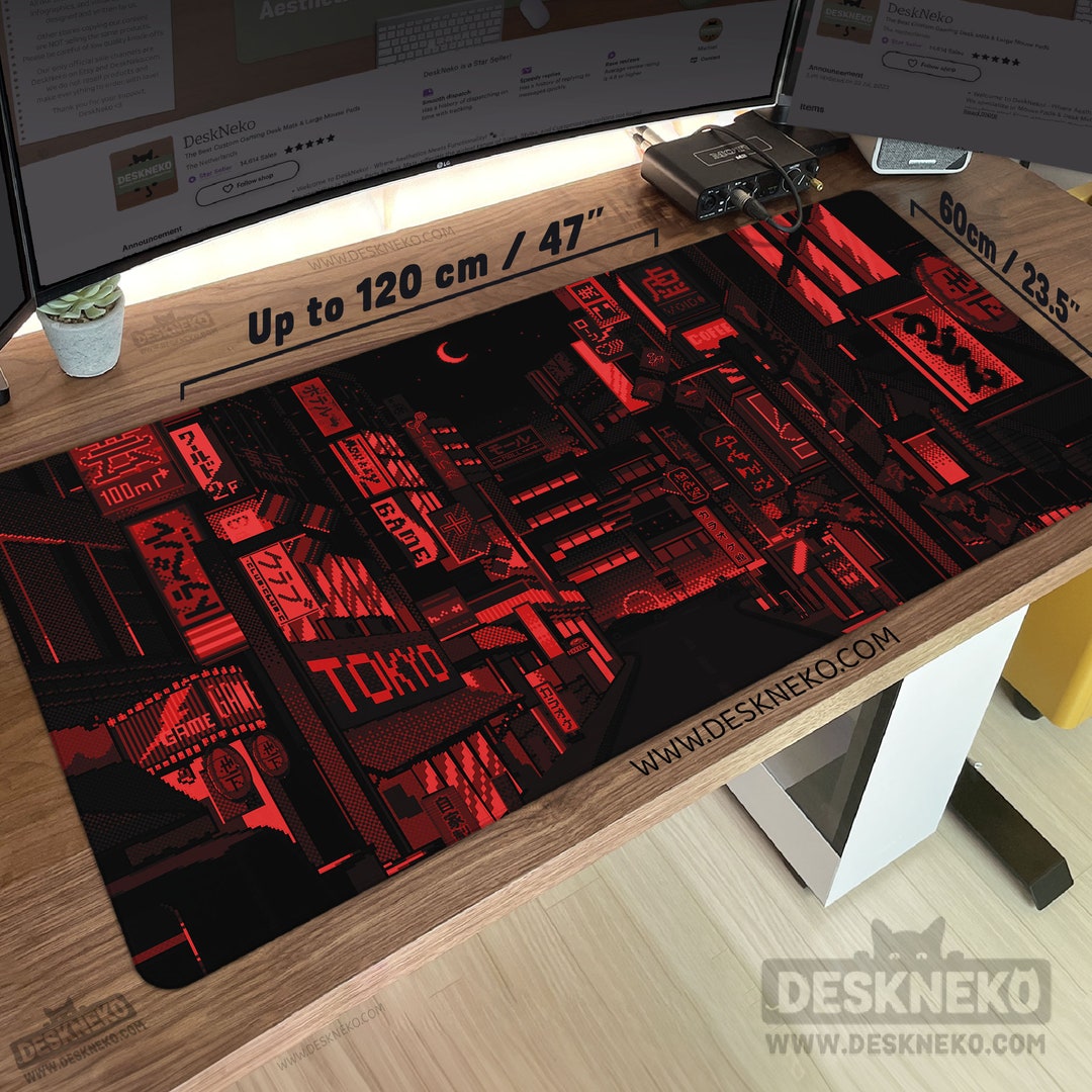 Red Tokyo Desk Mat Mouse Pad, Pixel Art Dark Keyboard Deskmat Rgb ...
