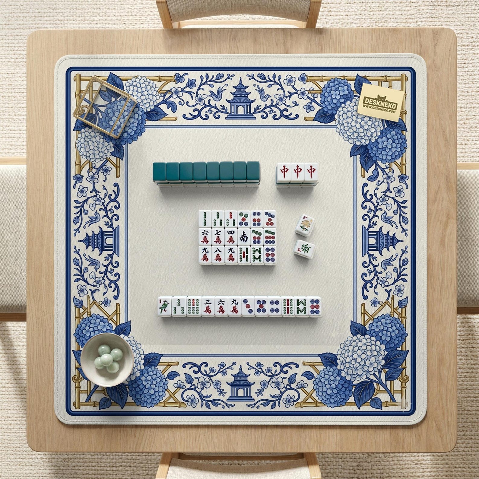 Mahjong Mat, Blue and White Chinoiserie Mahjong Table Mat, Hydrangea ...