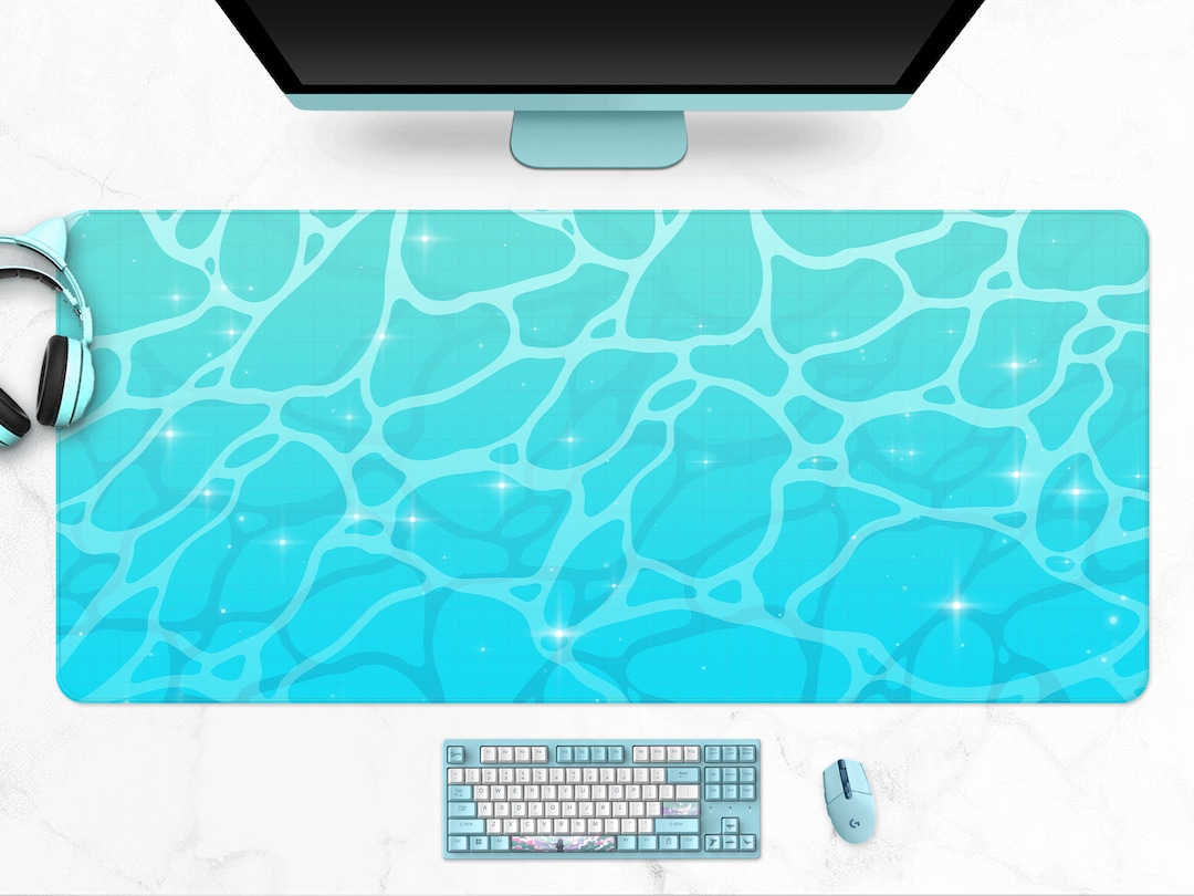 Turquoise Desk Mat Wave, Cyan Mouse Pad Kawaii, Cute Anime Aesthetics ...