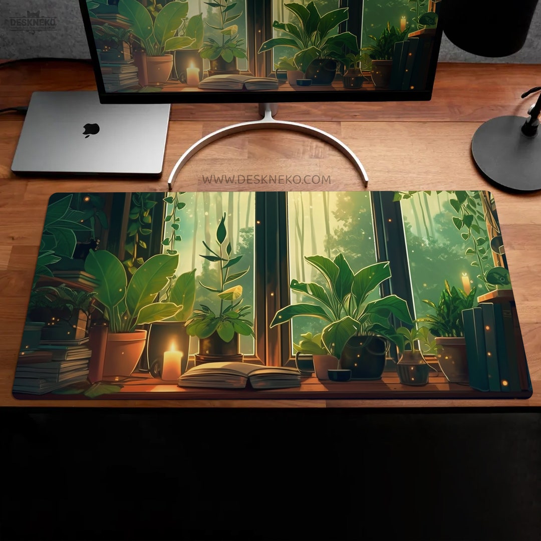 Lofi Desk Mat Cute, Cozy Plants Deskmat, Rainy Nature Mood, Large ...