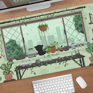 Cute Green Mousepad Aesthetic, Plants Desk Mat Kawaii, Lofi Black Cat ...