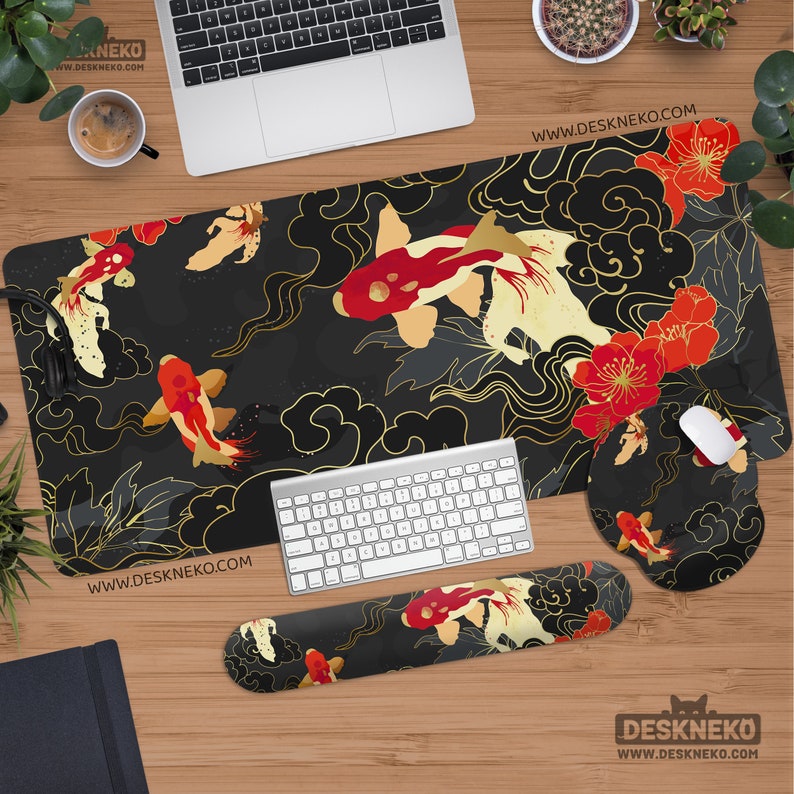 Japanese Desk Mat Koi, Large Mousepad, Black Gold Abstract Oriental Art ...
