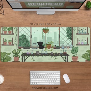 Cute Green Mousepad Aesthetic, Plants Desk Mat Kawaii, Lofi Black Cat ...