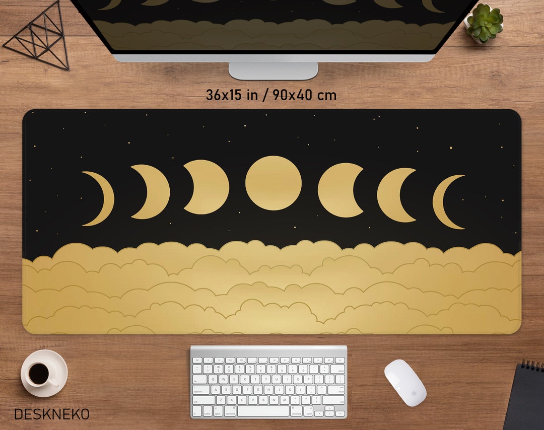 Gold Moon Phases Desk Mat Lunar, Cute Mousepad Black Sky Golden Stars ...