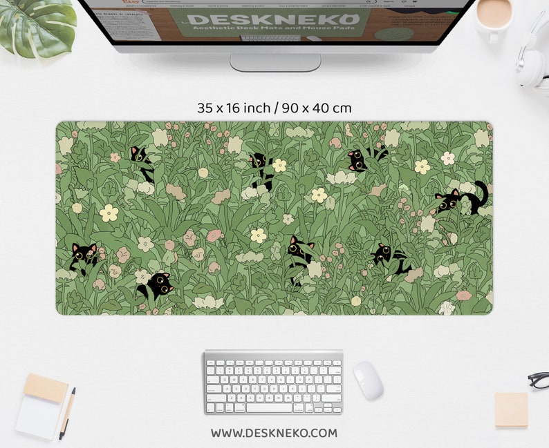 Green Desk Mat Cute Cats Deskmat Nature Mouse Pad Large - Etsy